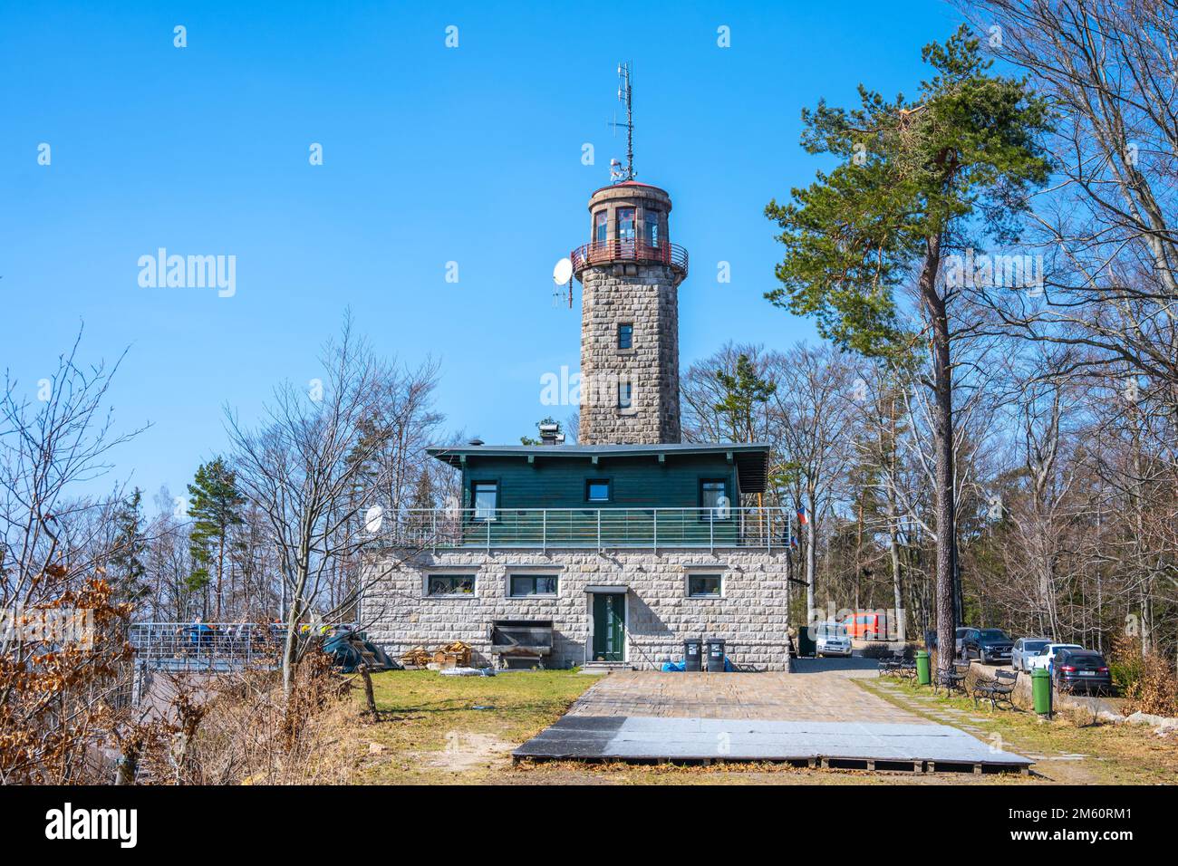 Old stone lookout tower and restaurant on Prosec Ridge near Jablonec ...