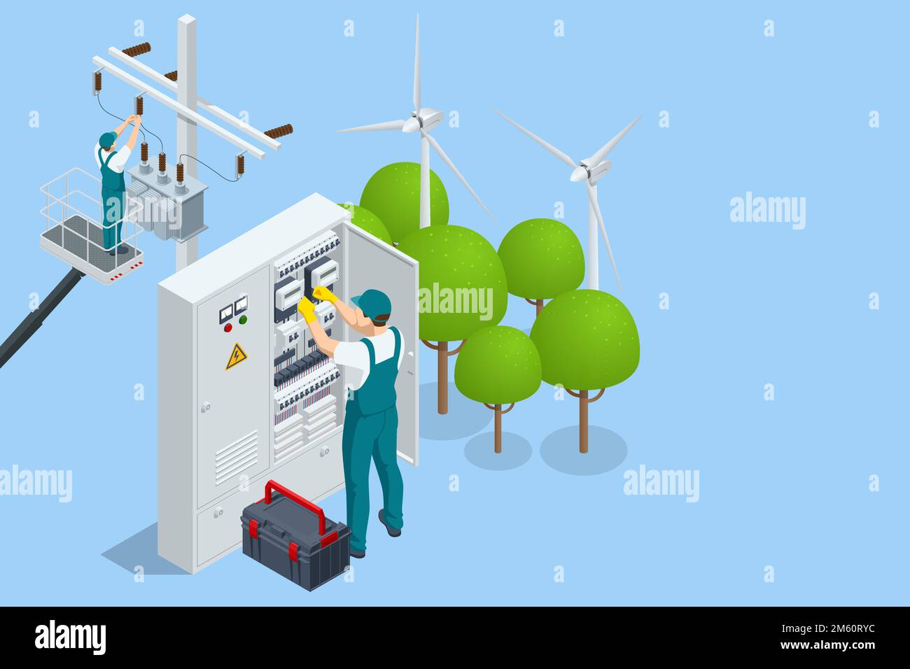 Isometric Electricity energy maintenance. Technician repair service of ...