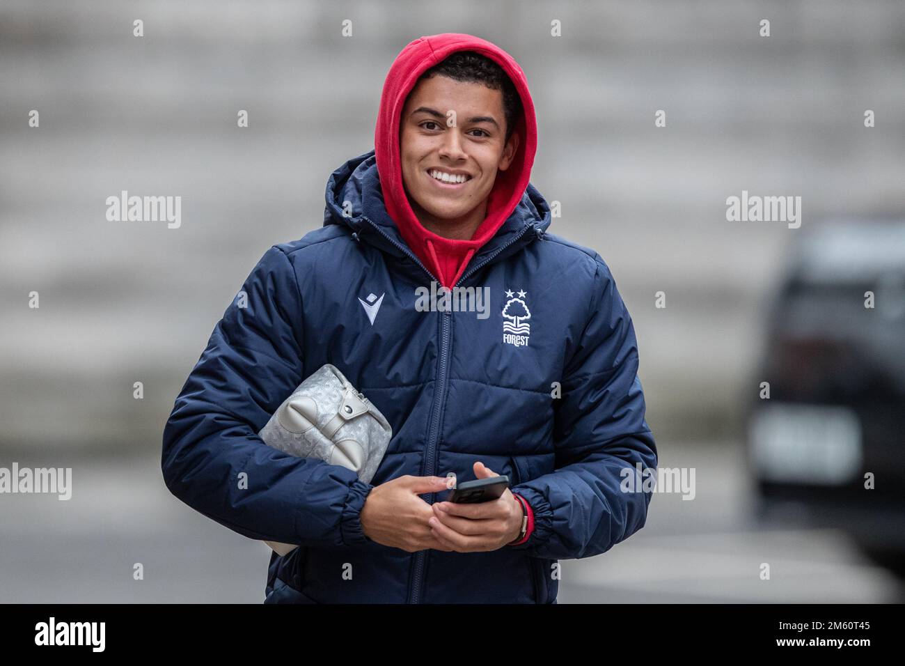 Brennan Johnson #20 of Nottingham Forest arrives before the Premier ...