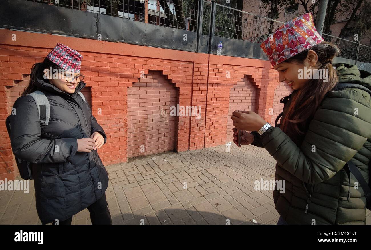 Kathmandu, Bagmati, Nepal. 1st Jan, 2023. Girls wearing typical Nepali ...