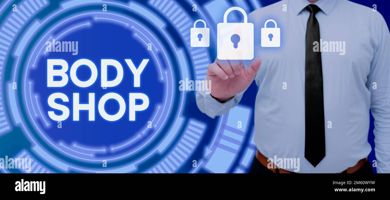 Text caption presenting Body Shop. Business concept a shop where ...
