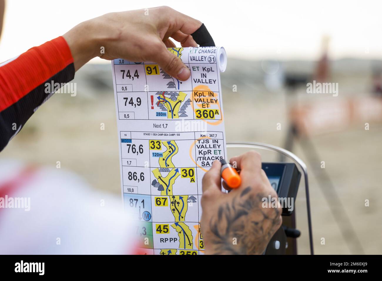Roadbook during the Stage 1 of the Dakar 2023 around Sea Camp, on ...