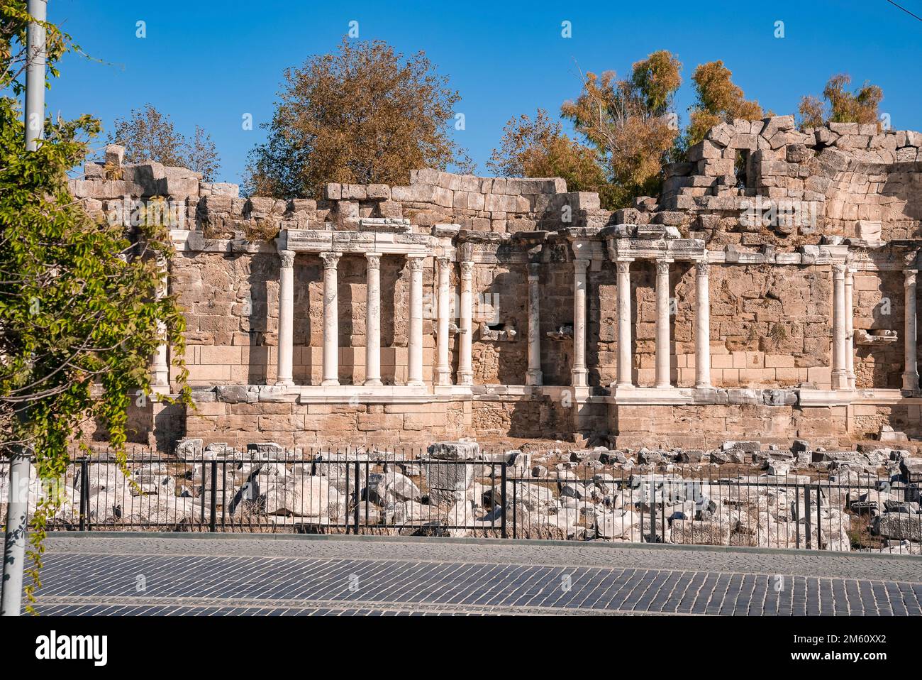 Ruins of ancient Nymphaeum fountain at Side in Turkey during sunny day ...