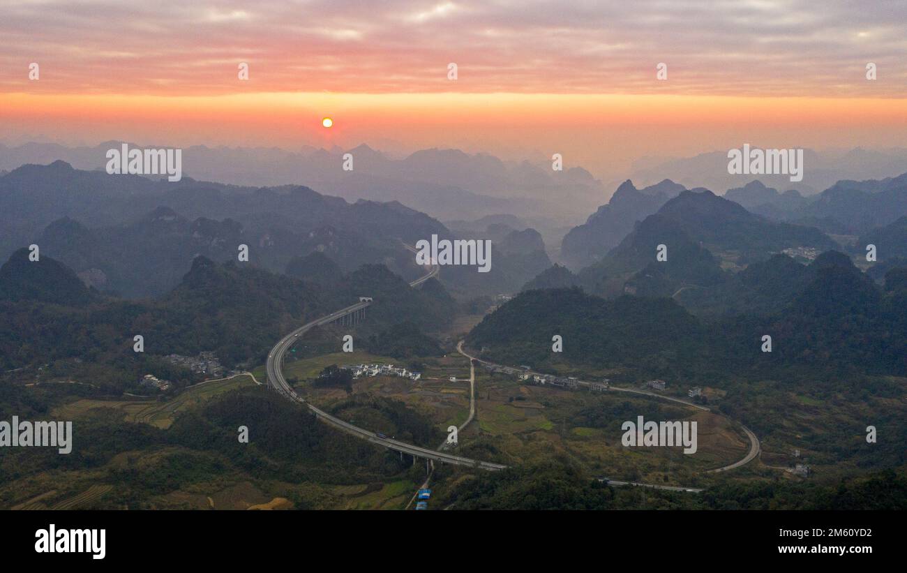 Chongzuo. 1st Jan, 2023. This aerial photo shows the Gulongshan section ...