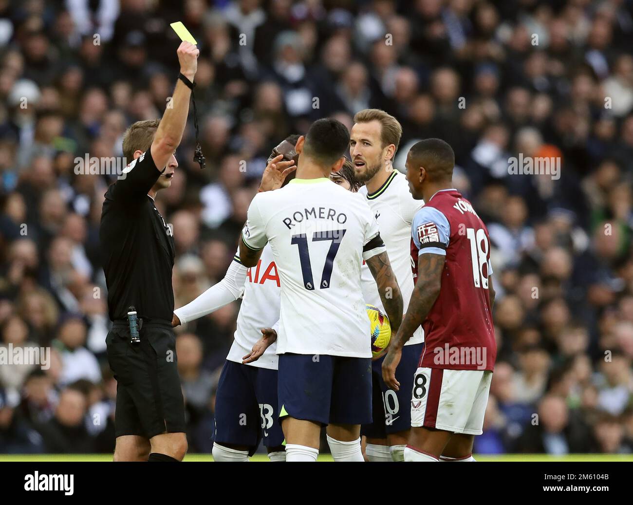 London, UK. 1st Jan, 2023. Cristian Romero of Tottenham receives a ...