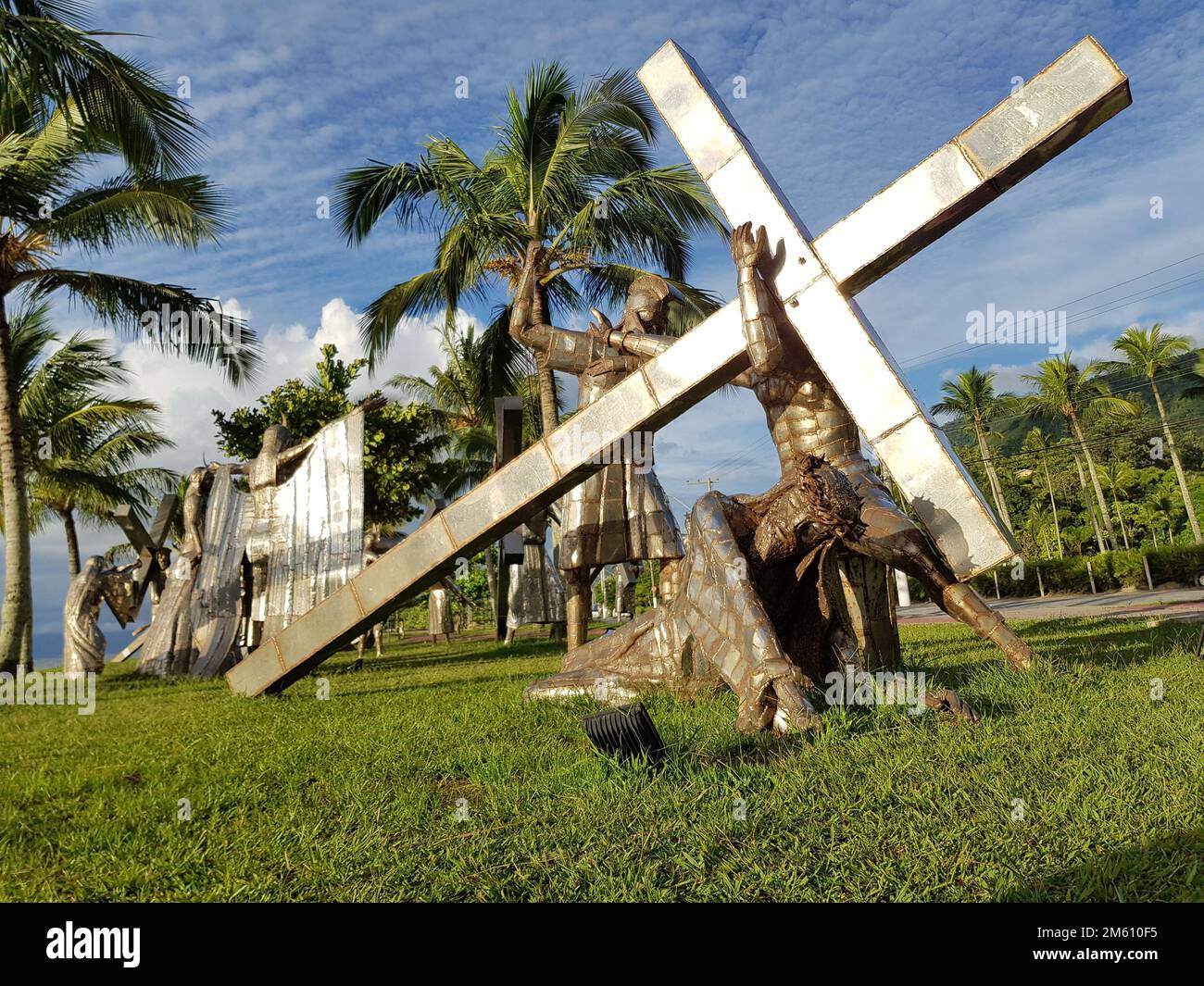 A statue of Jesus Christ carrying the cross on the island of Ilhabela ...