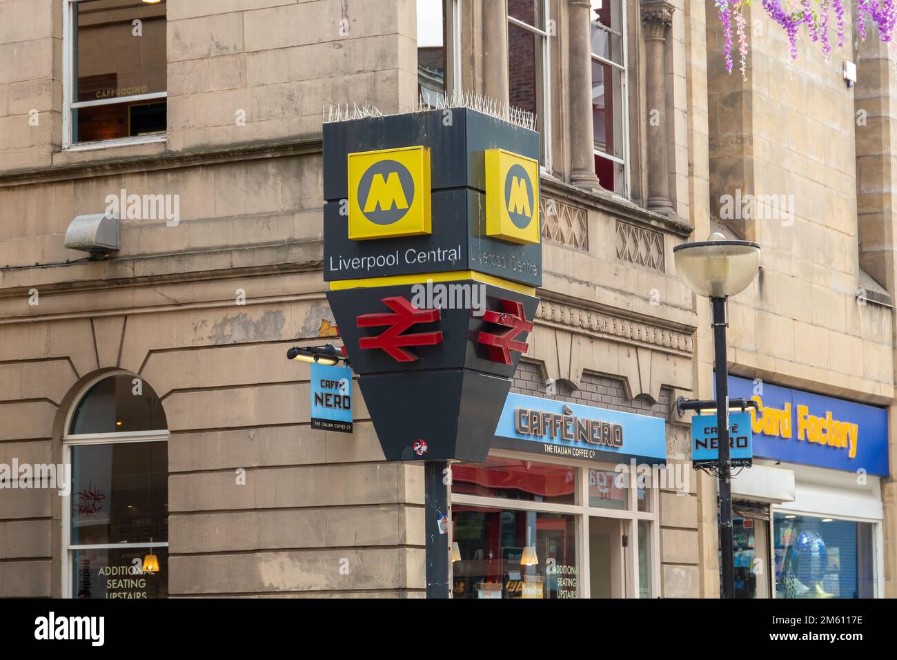 Liverpool, UK: Central metro train station sign, Bold Street. 3-D cube ...
