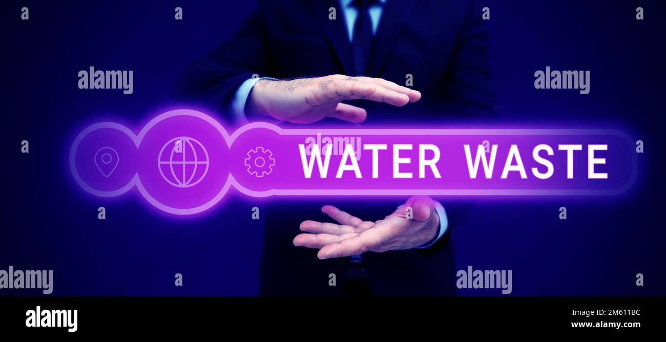 Text sign showing Water Waste. Business concept liquid that has been ...