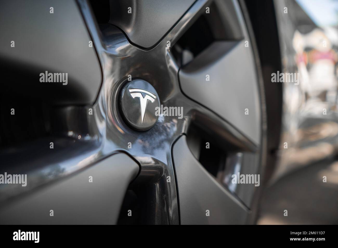Novosibirsk, Russia - August 10, 2022: Tesla sign on a car wheel disk ...