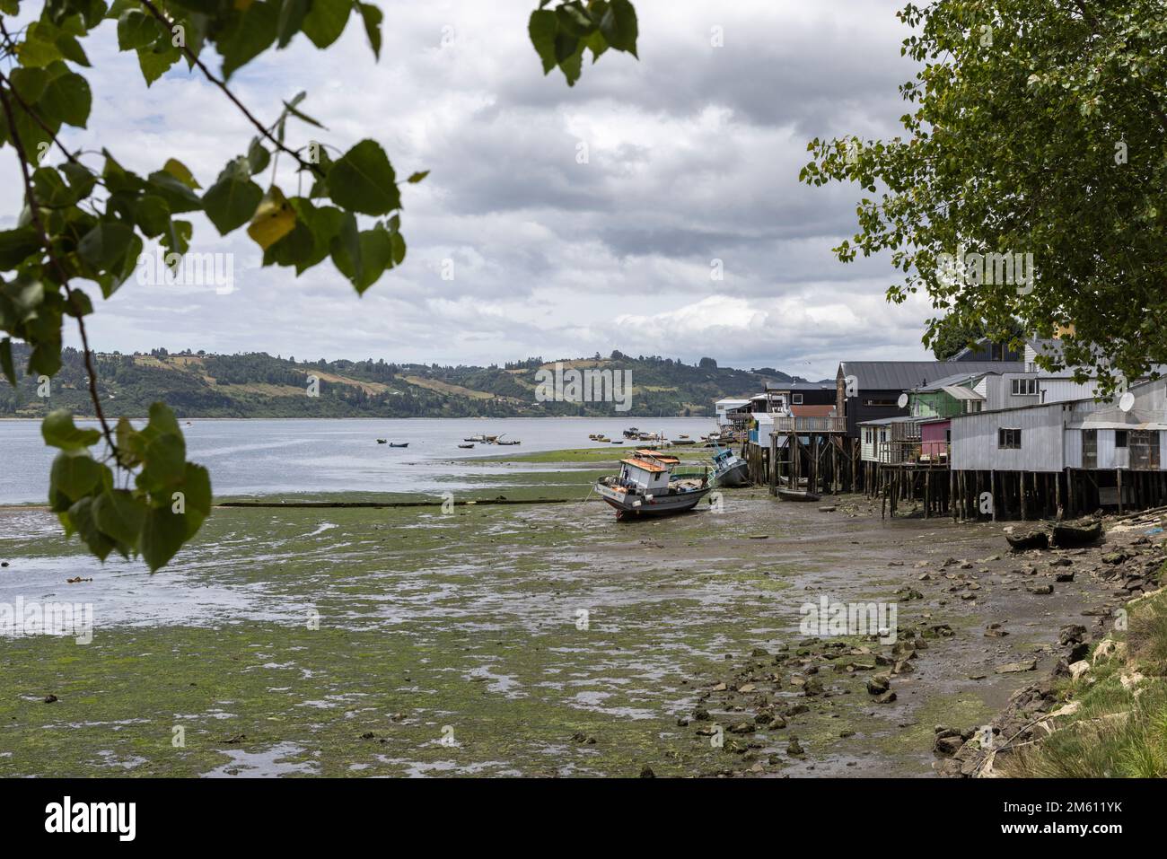 Palafitos de Pedro Montt and a fishing boat at low tide - colorful stilt houses on Chiloé (Isla ...