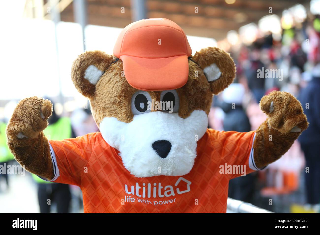 Blackpool mascot Bloomfield Bear inside the stadium prior to kick-off ...