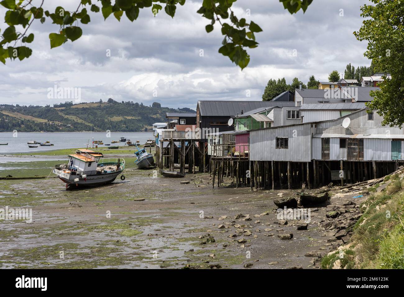 Palafitos de Pedro Montt and a fishing boat at low tide - colorful ...
