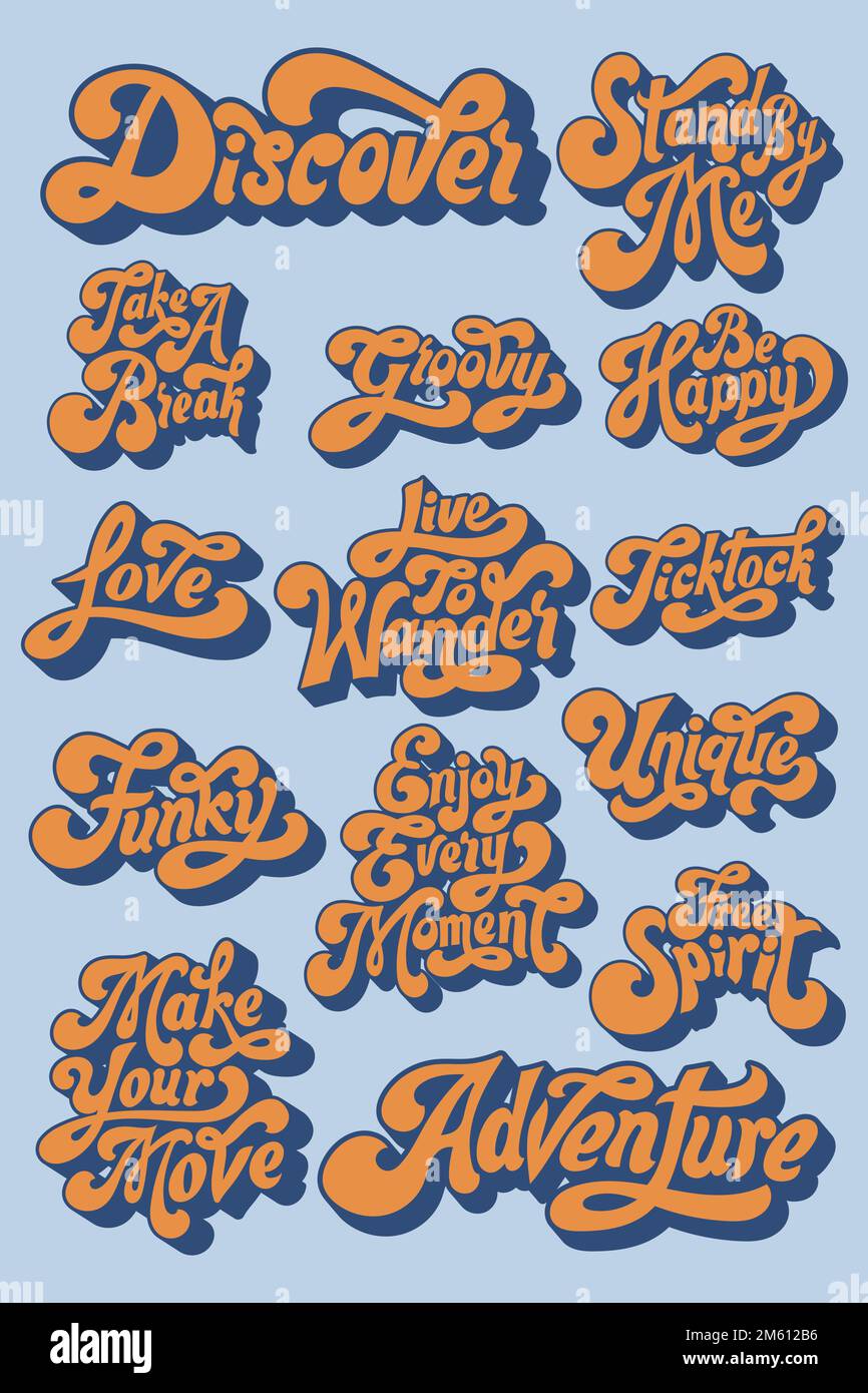 Orange funky bold vintage lettering sticker set on a blue background ...
