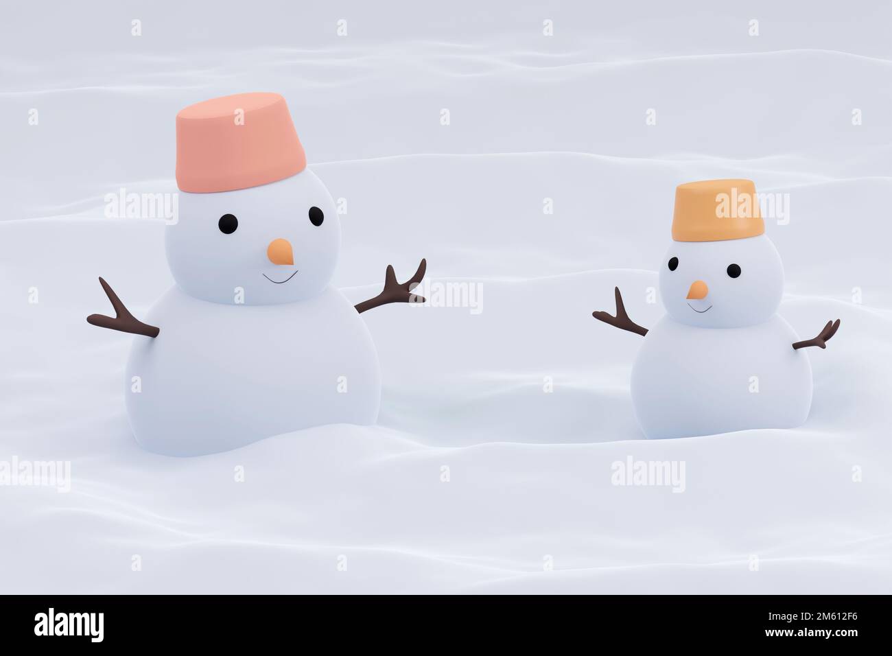 3D rendering of snowman on light snow background Simple cute ...