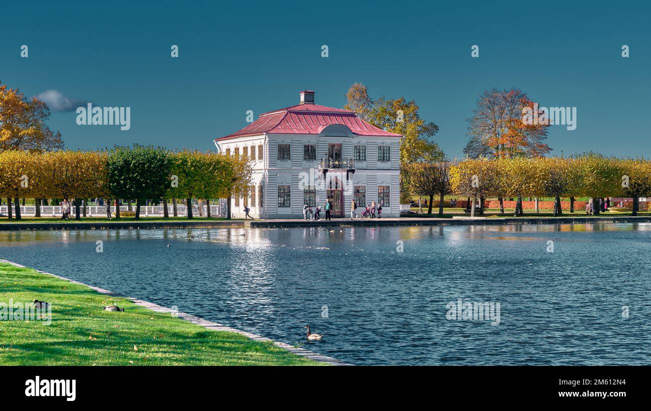 Autumn landscape, Peterhof lower park, view of Marly Palace on Marly ...