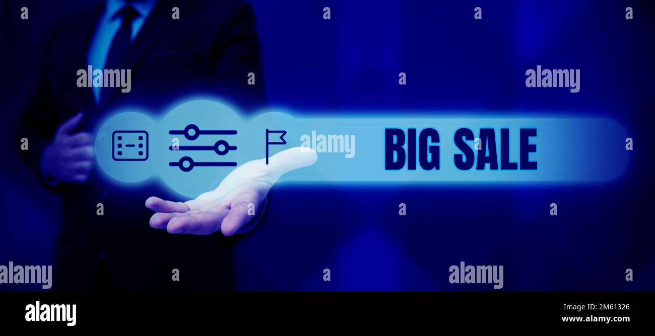 Sign displaying Big Sale. Business overview putting products on high ...
