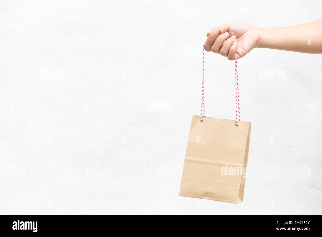 Hand of business woman hold brown paper shopping bag on white concrete ...