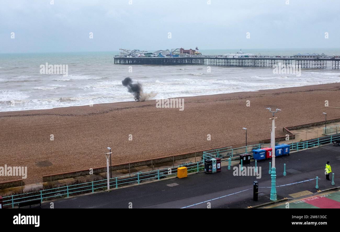 Brighton UK 1st January 2023 - A WW2 shell washed up on beach near the ...