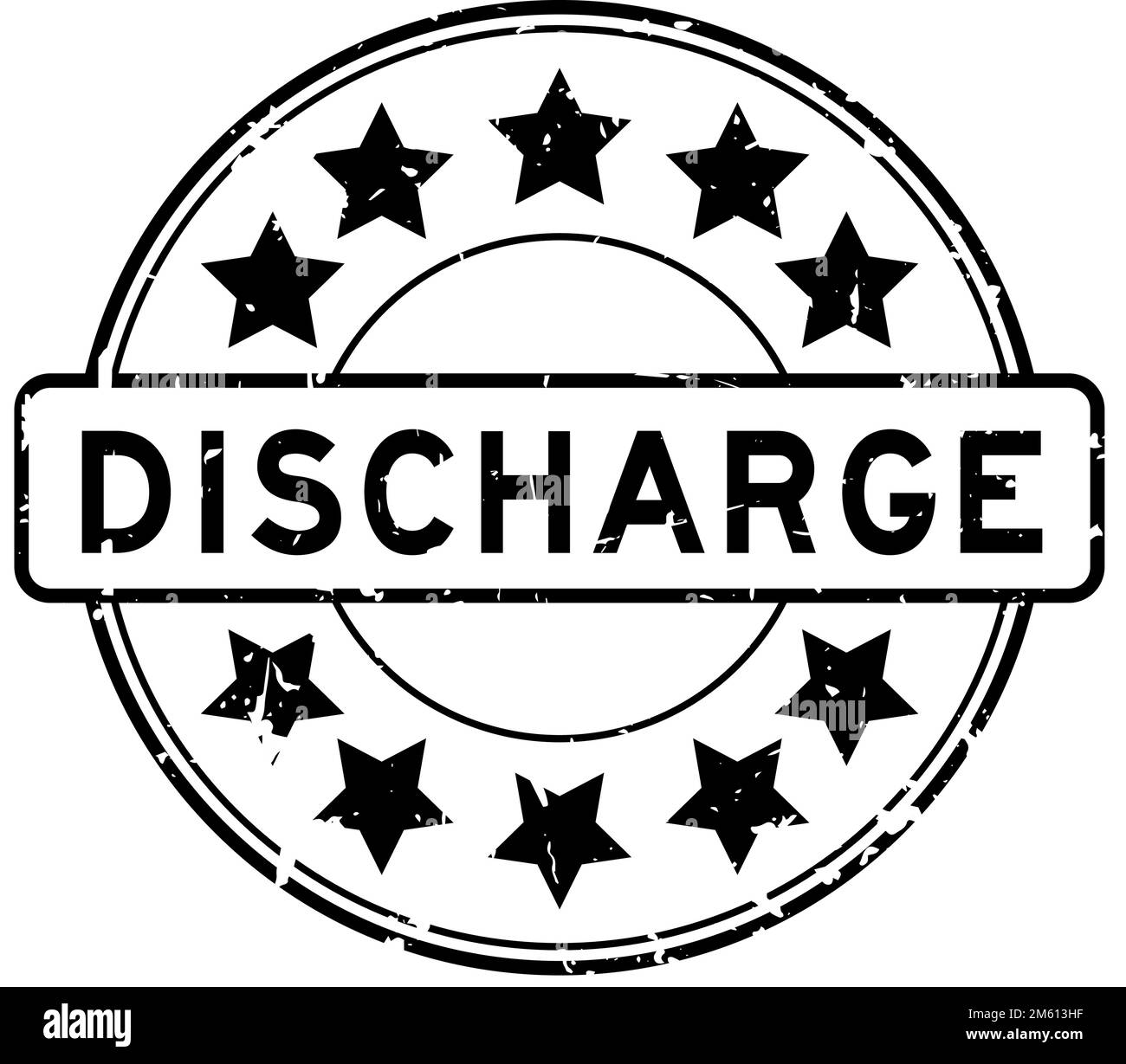 Grunge black discharge word with star icon round rubber seal stamp on ...
