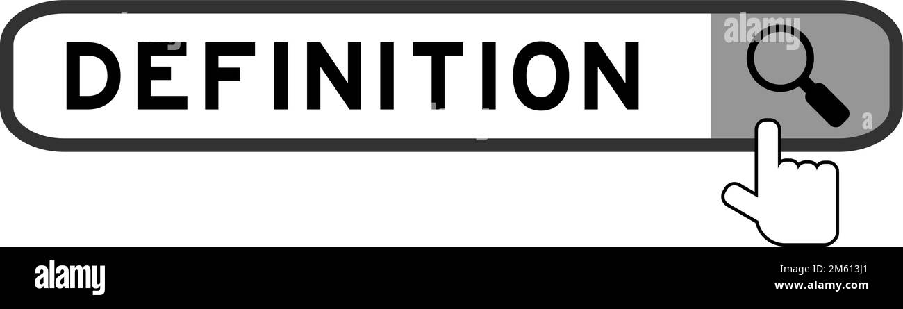 Search banner in word definition with hand over magnifier icon on white ...