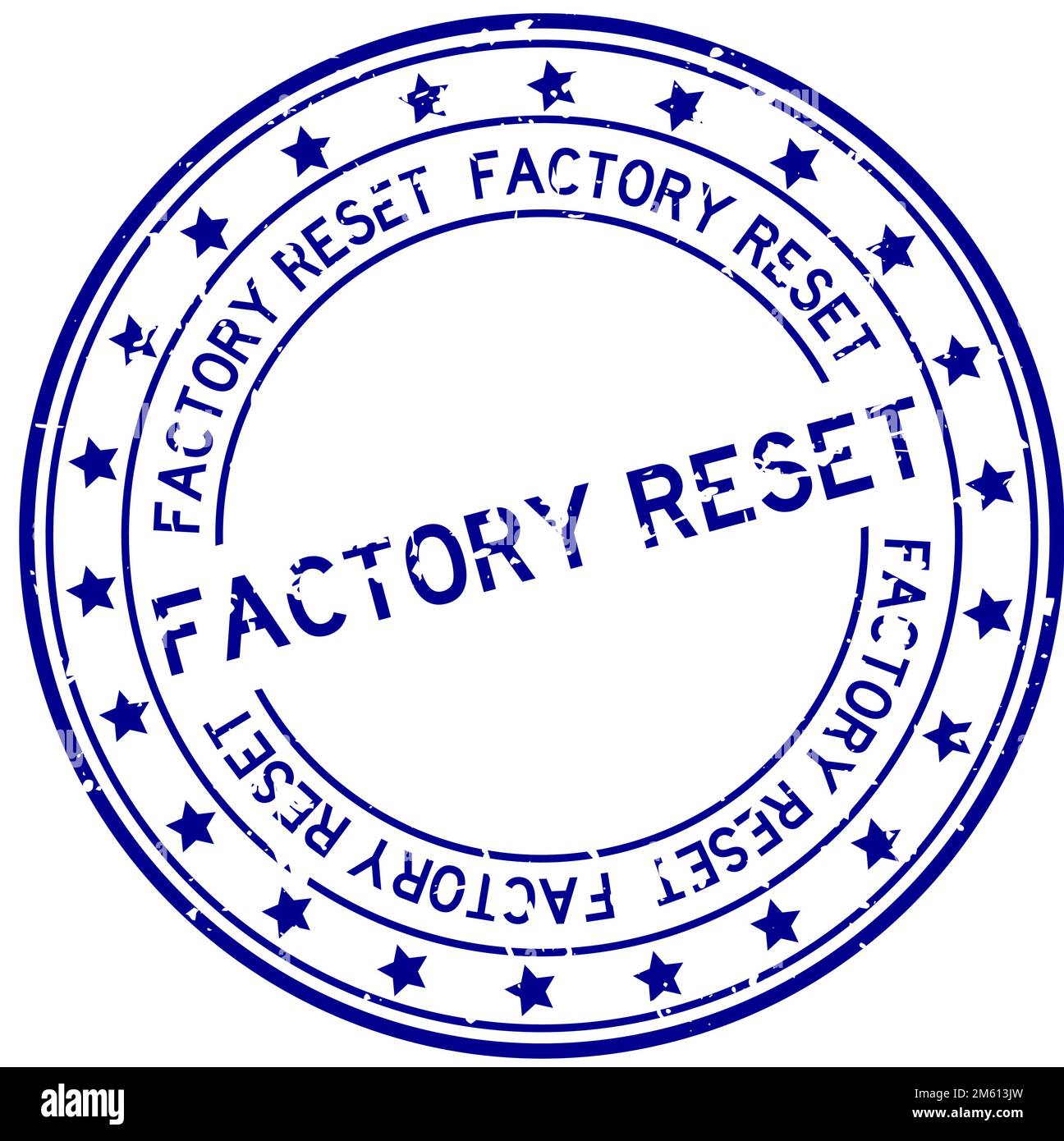 Grunge blue factory reset word with star icon round rubber seal stamp ...