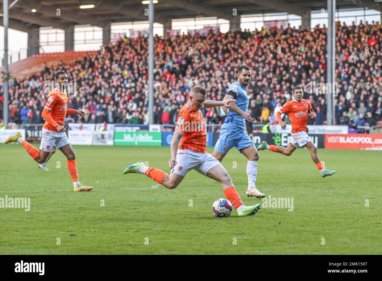 Shayne Lavery #19 of Blackpool scores to make it 1-0 during the Sky Bet ...