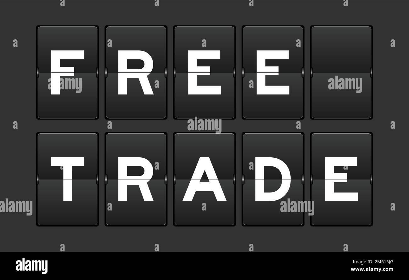 Black color analog flip board with word free trade on gray background ...