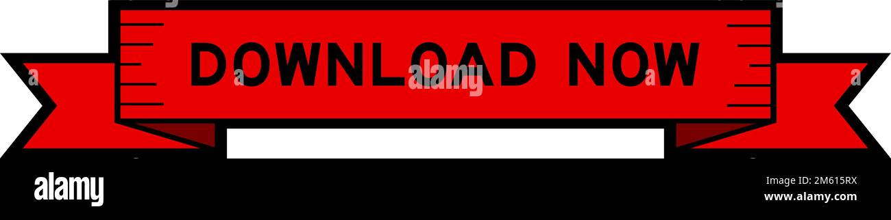 Ribbon label banner with word download now in red color on white ...