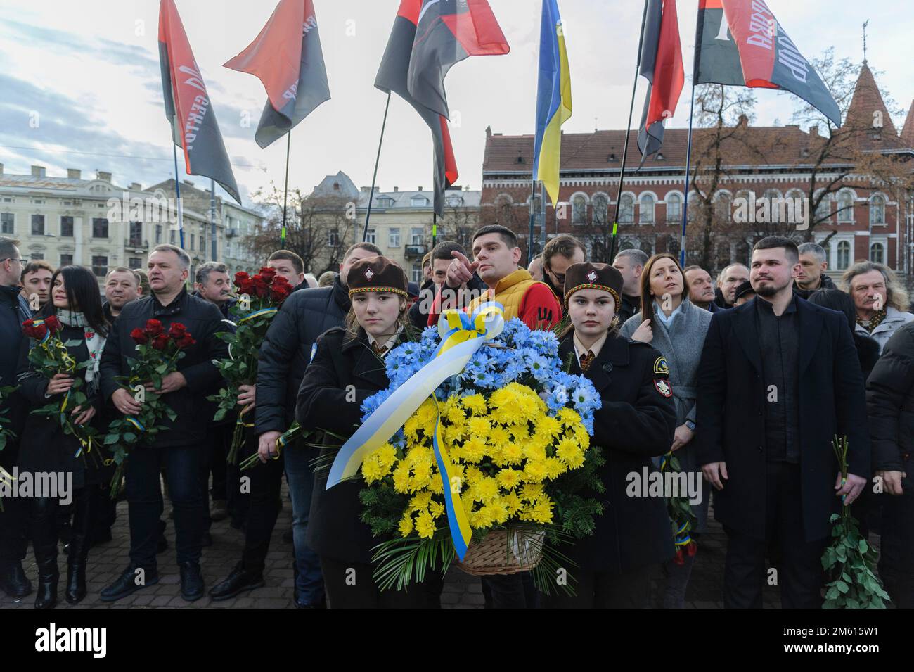 Lviv, Ukraine, 1 January 2023. People are gathered at the monument to ...