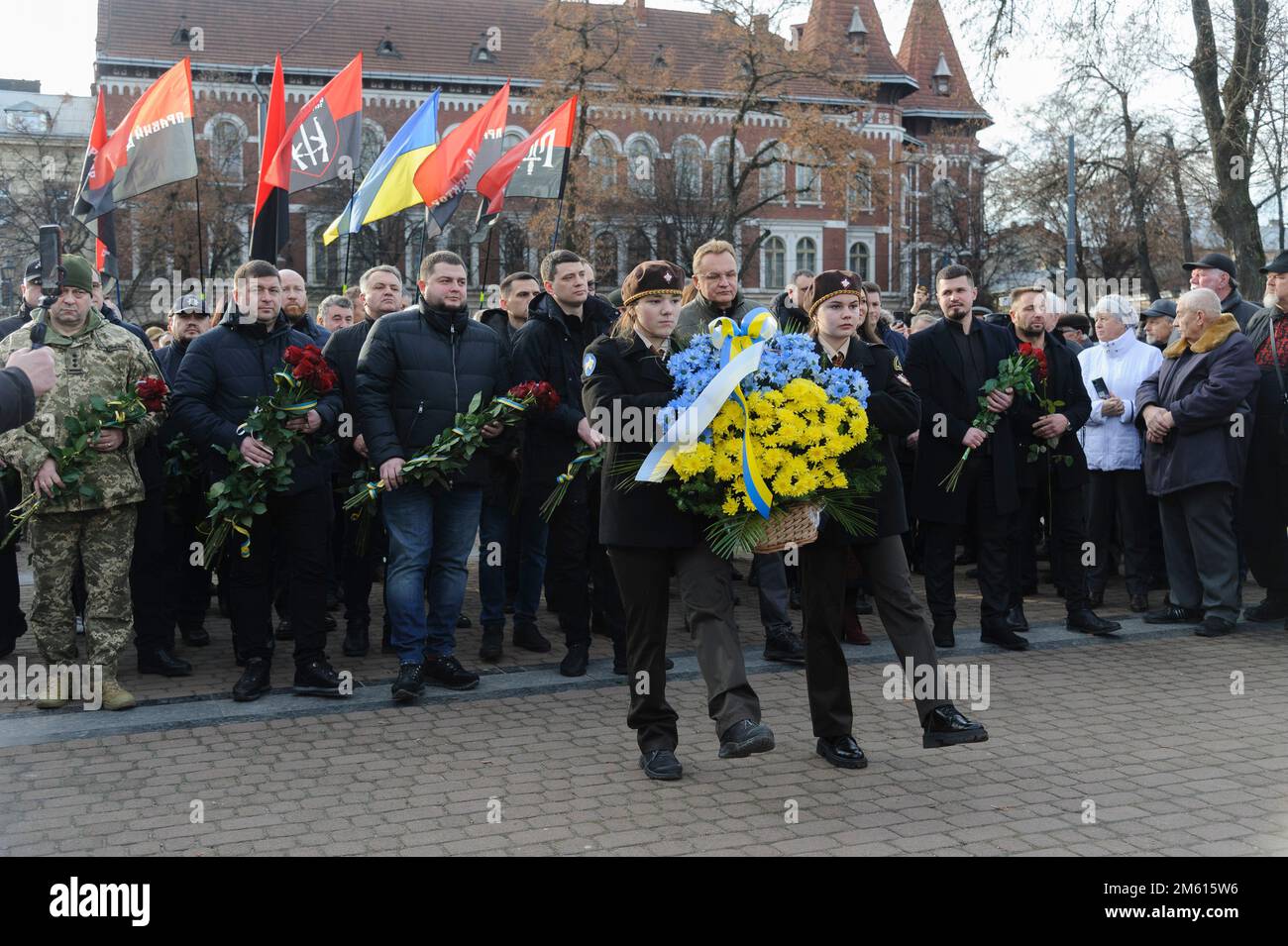 Lviv, Ukraine, 1 January 2023. People are gathered at the monument to ...
