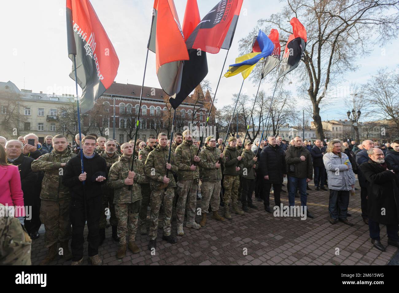 Lviv, Ukraine, 1 January 2023. People are gathered at the monument to ...