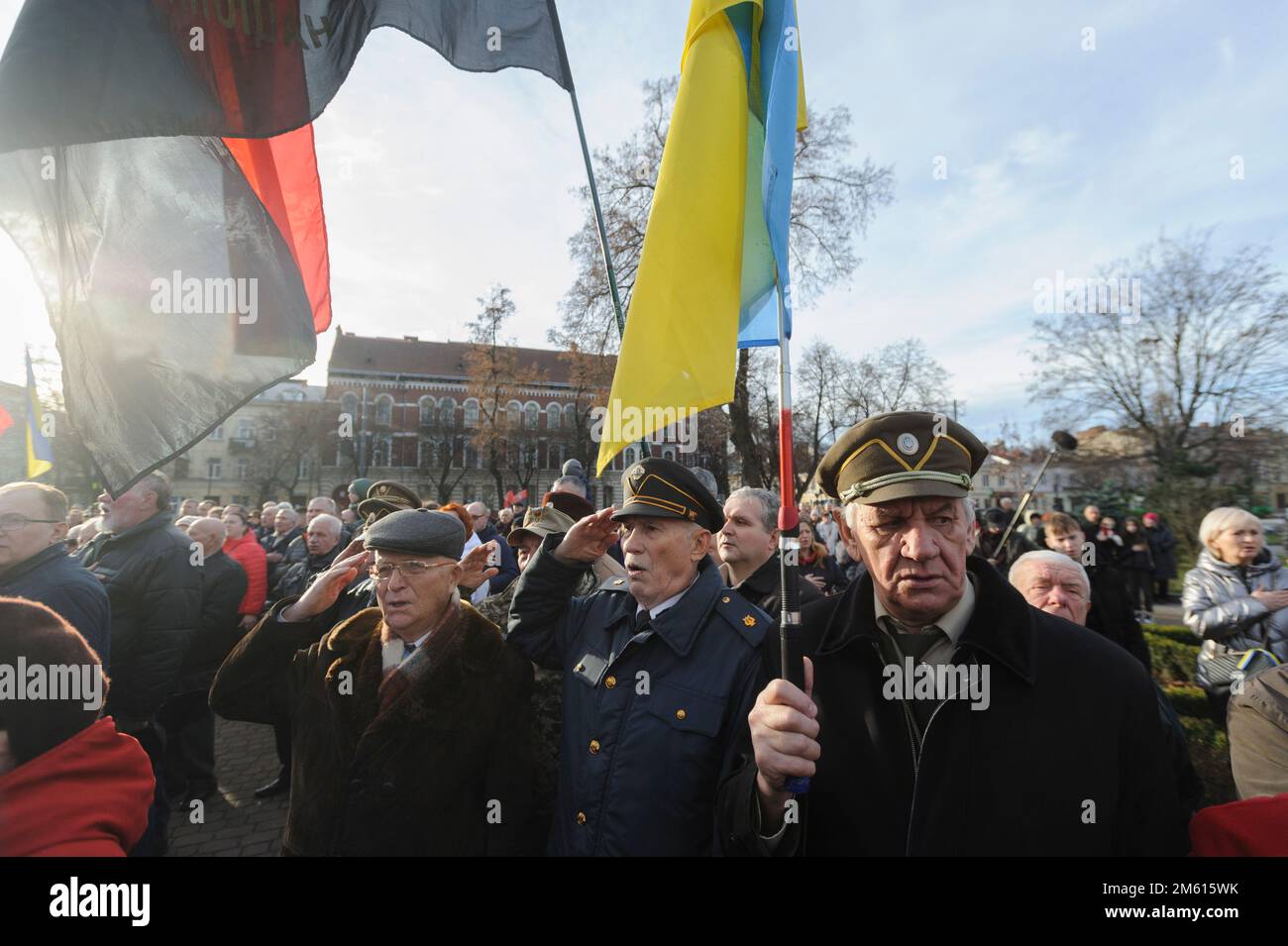 Lviv, Ukraine, 1 January 2023. People are gathered at the monument to ...