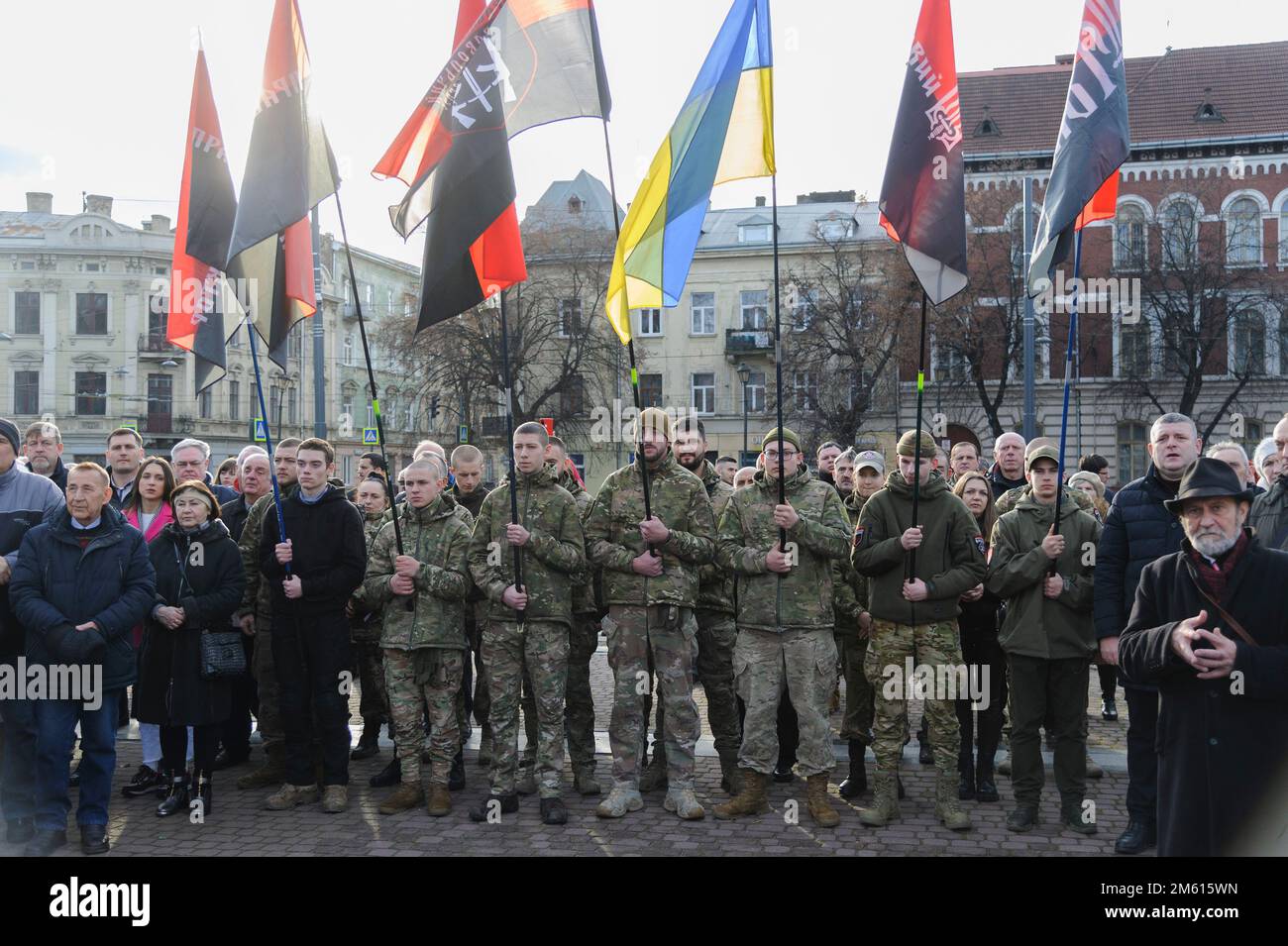 Lviv, Ukraine, 1 January 2023. People are gathered at the monument to leader of the Organisation ...