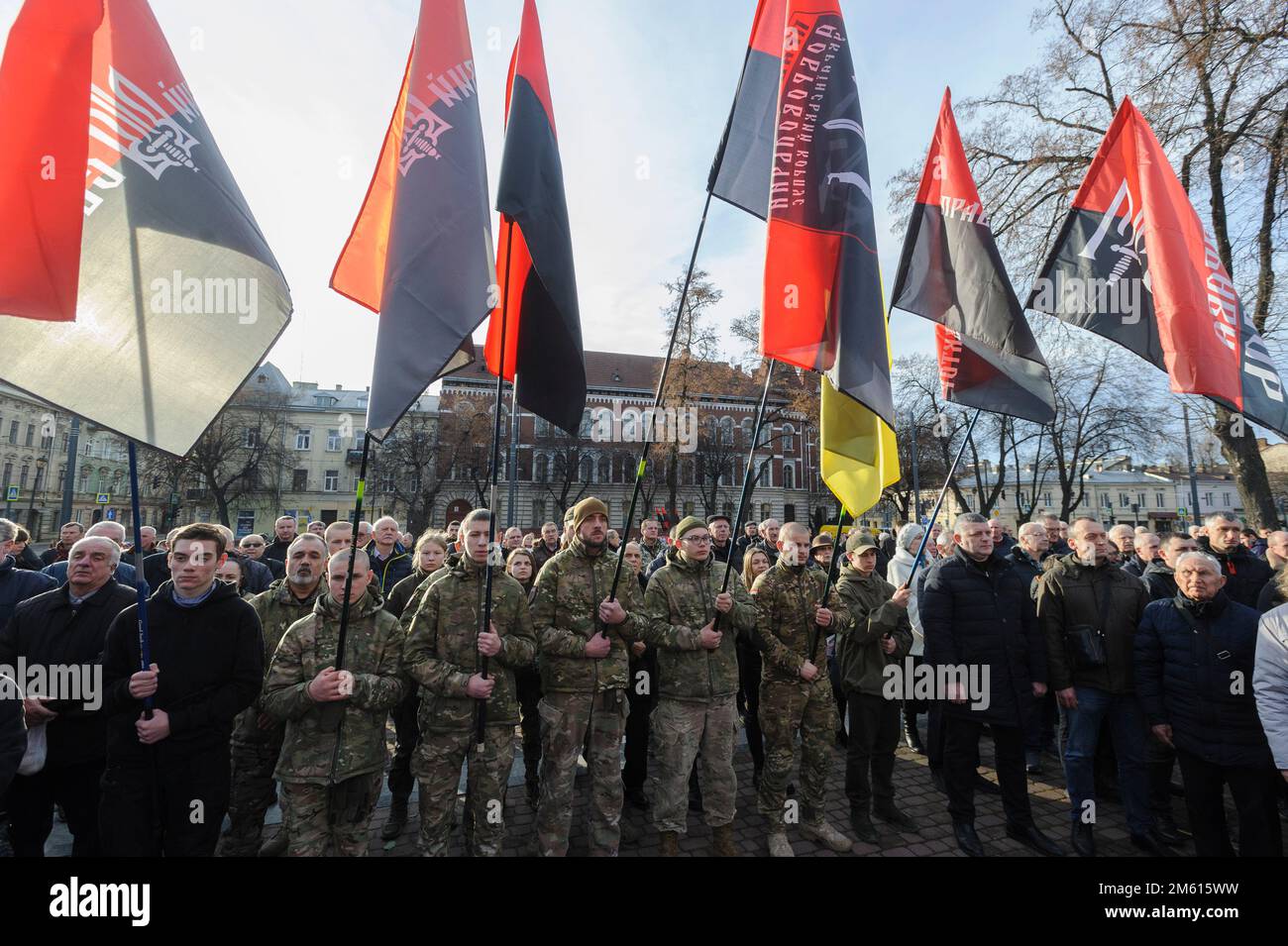 Lviv, Ukraine, 1 January 2023. People are gathered at the monument to ...