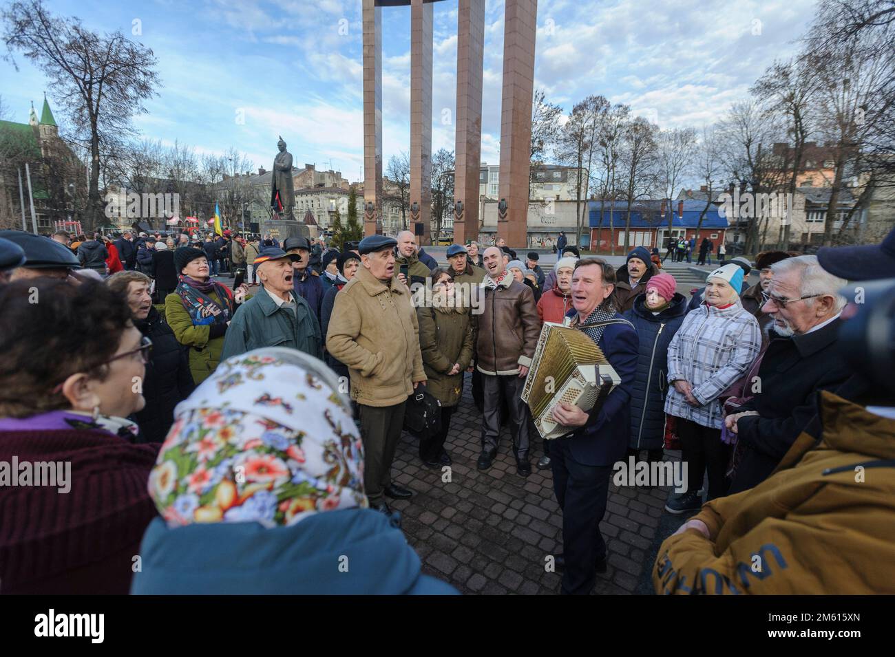 Lviv, Ukraine, 1 January 2023. People are gathered at the monument to ...