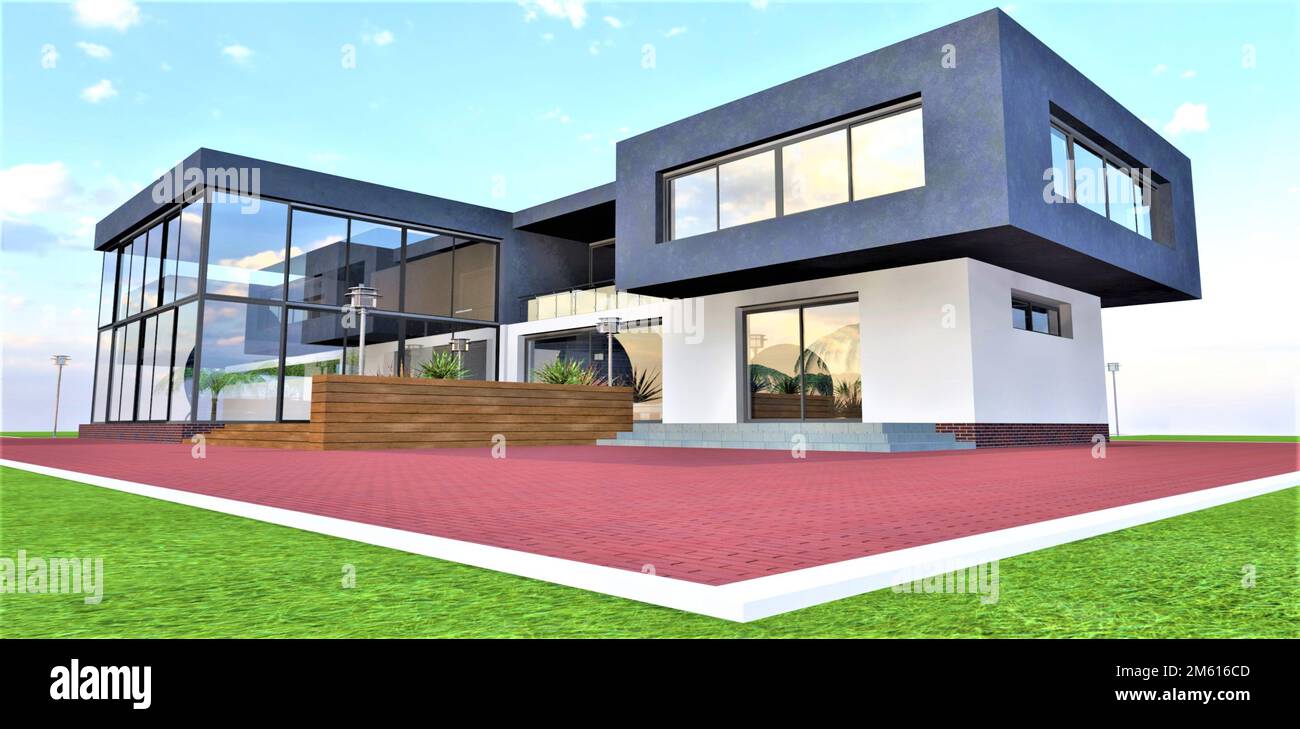Contemporary house design. View of the porch with glass door and ...