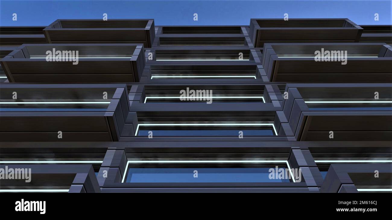 Bottom view of the contemporary apartment building facade made of metal ...