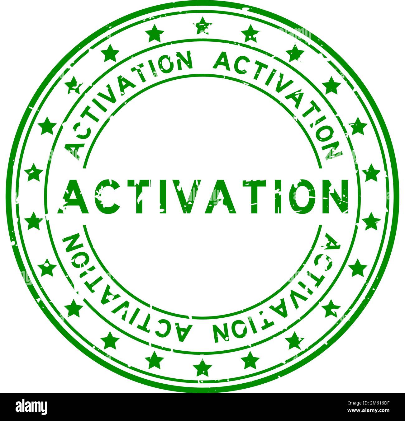 Grunge green activation word with star icon round rubber seal stamp on ...