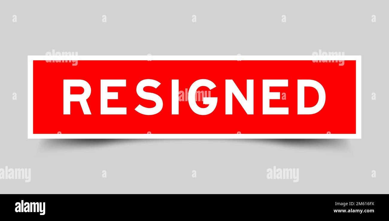 Red color square label sticker with word resigned on gray background ...