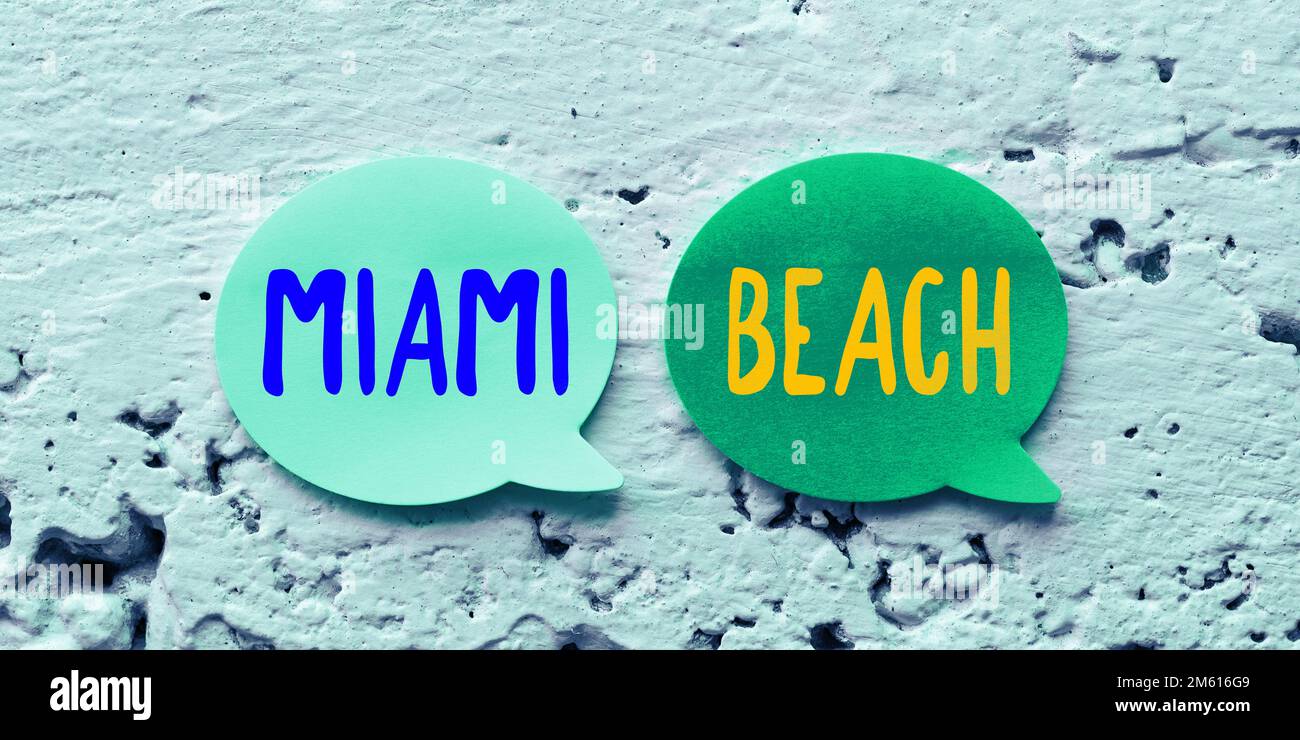Sign displaying Miami Beach. Word for the coastal resort city in Miami ...