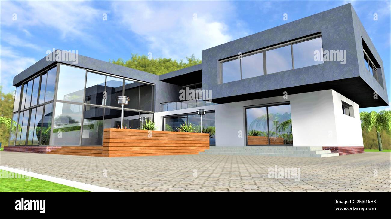 Individual project of a country family house with glass facade elements ...