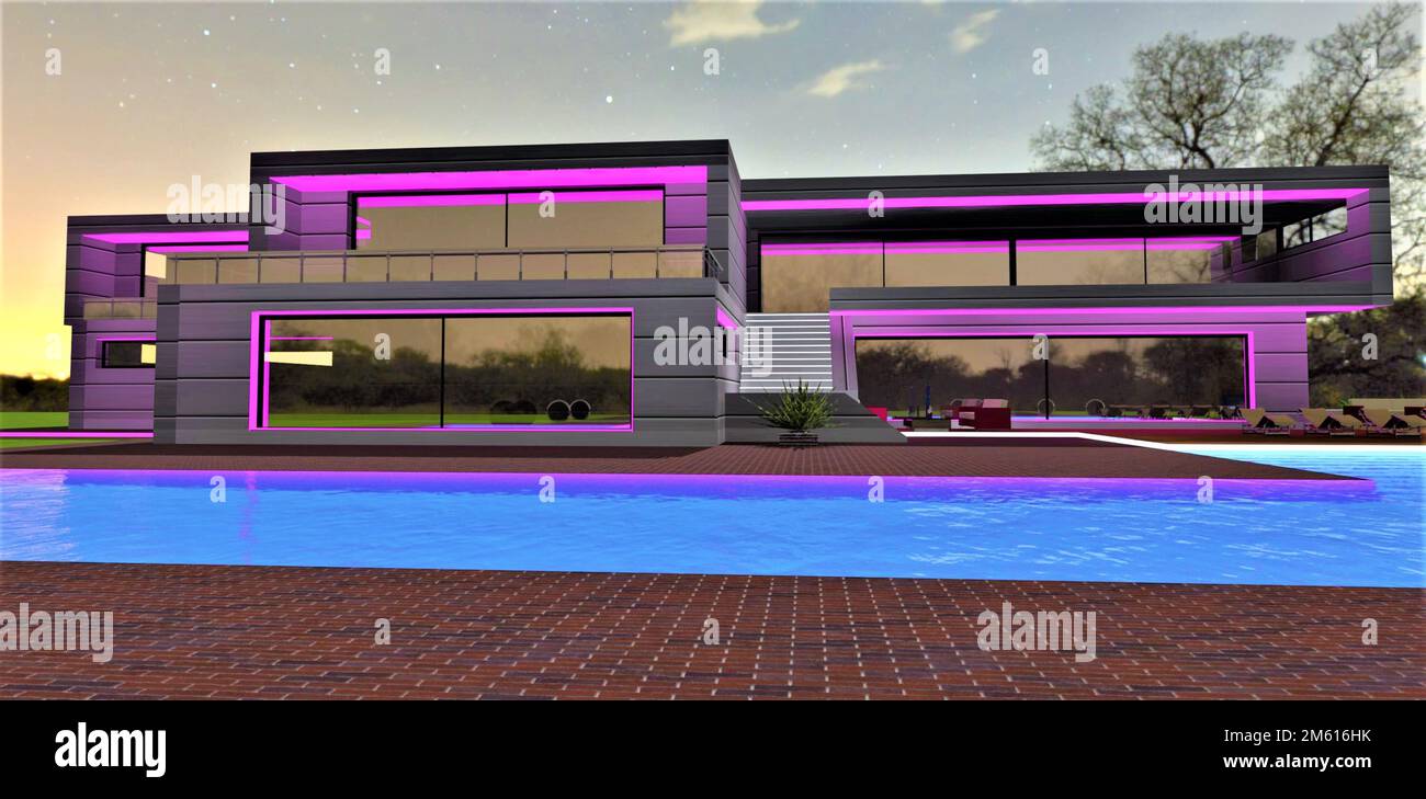 Pavememt made of red brick around the pool in the yard of the stylish ...