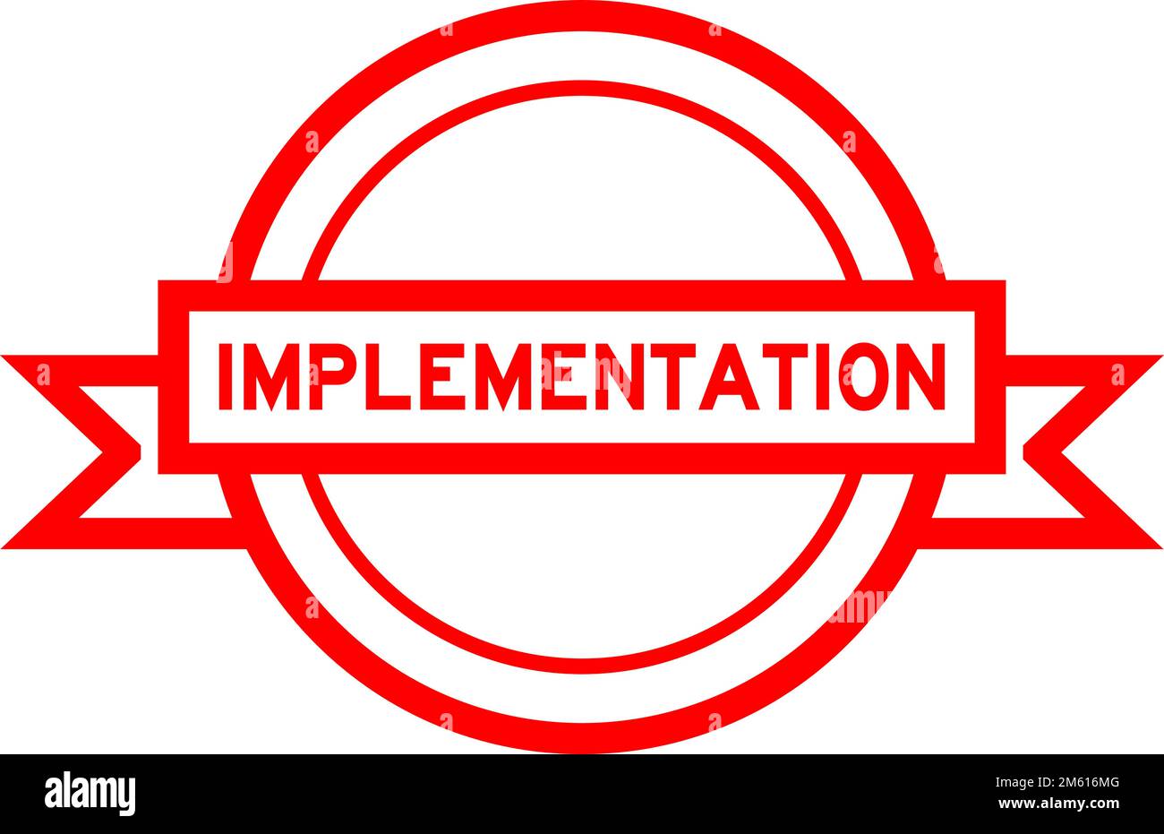 Vintage red color round label banner with word implementation on white ...