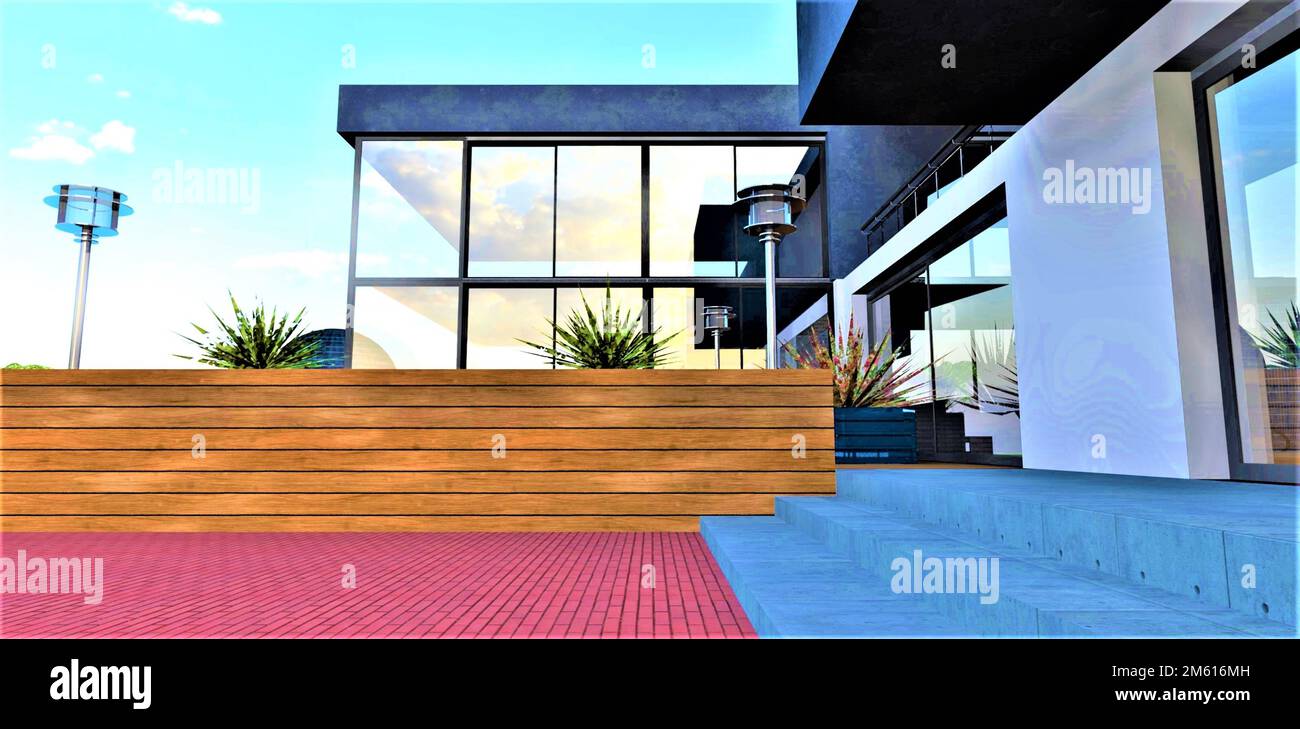 Porch of the contemporary family dwelling. Concrete steps. Exit glass ...