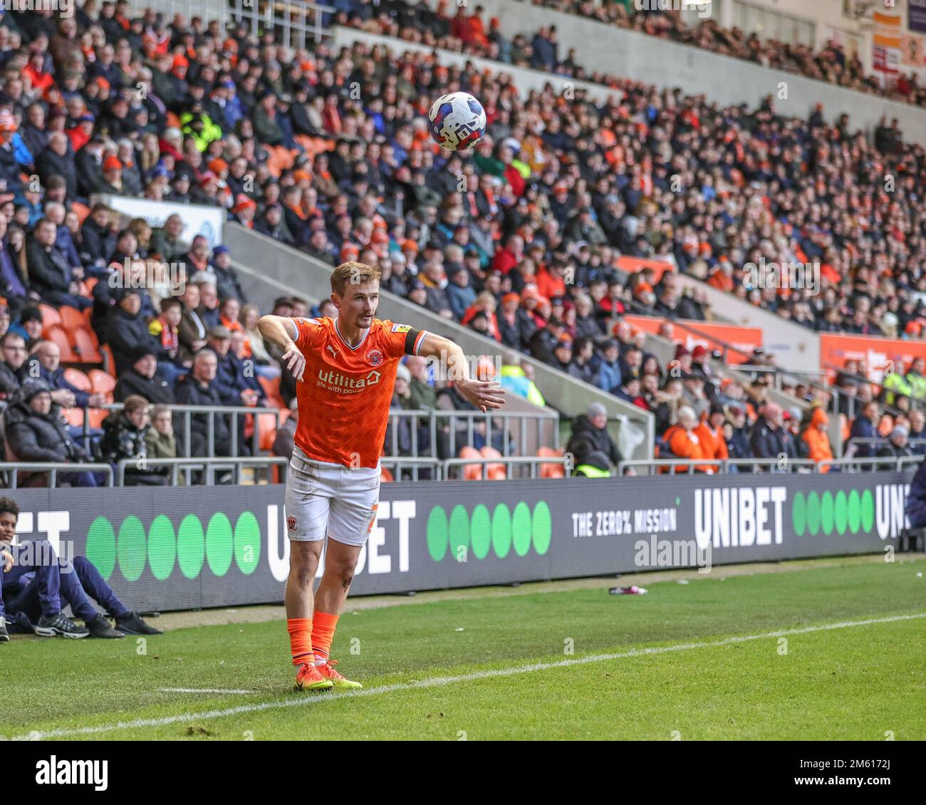 Callum Connolly #2 of Blackpool takes a throw-in during the Sky Bet ...