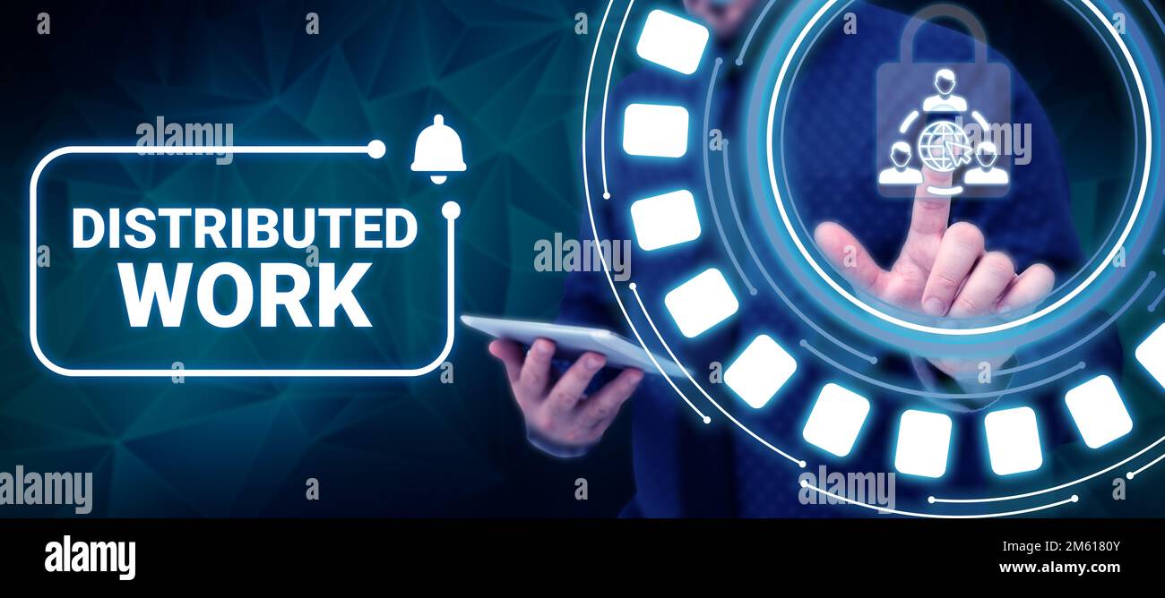 Conceptual caption Distributed Work. Word Written on practiced by enterprises using network ...