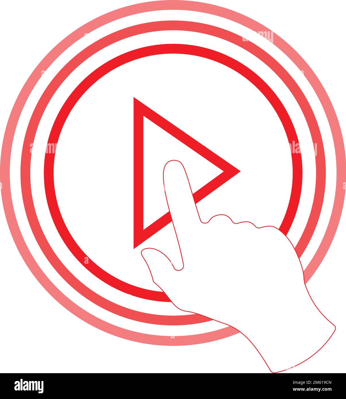 Live video stream with a hand icon, press a play button shape. Round ...