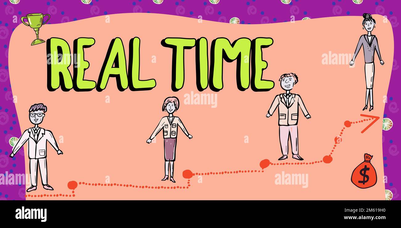 Text sign showing Real Time, Concept meaning the actual time during ...