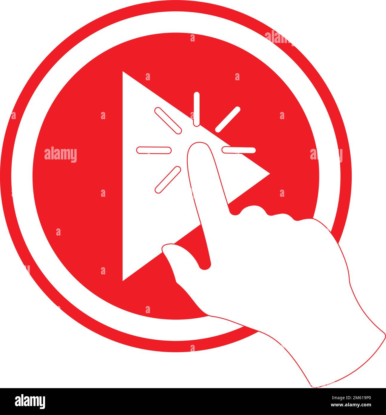 Live video stream with a hand icon, press a play button shape. Round ...
