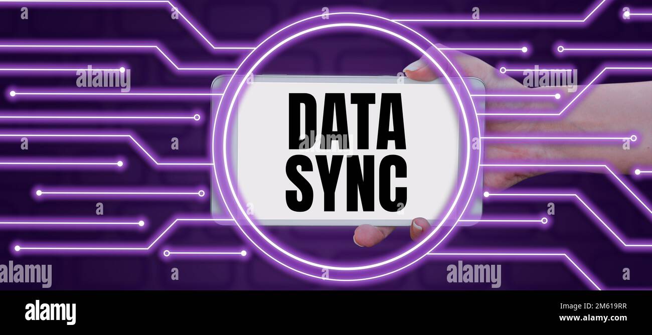 Text sign showing Data Sync. Conceptual photo data that is continuously generated by different ...